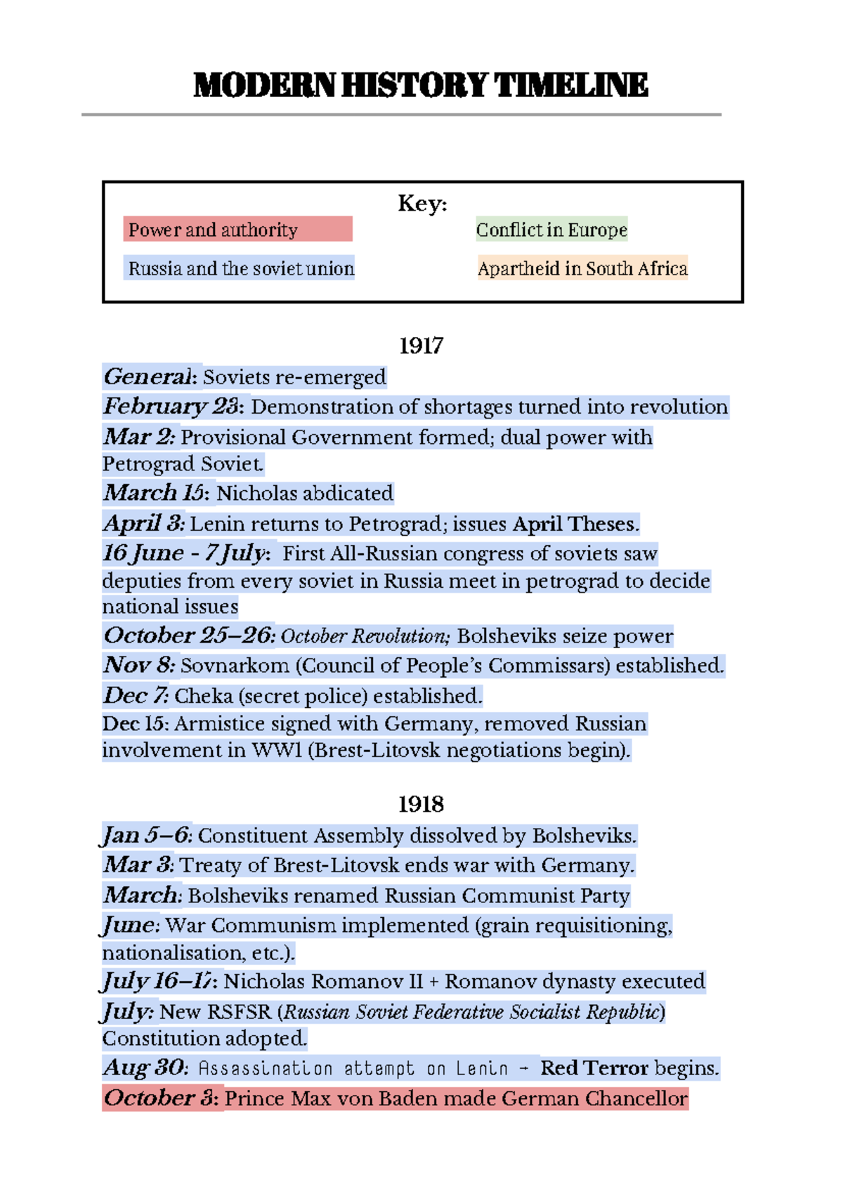 Modern History Timeline: Key Events in Europe & USSR (HIST 101) - Studocu