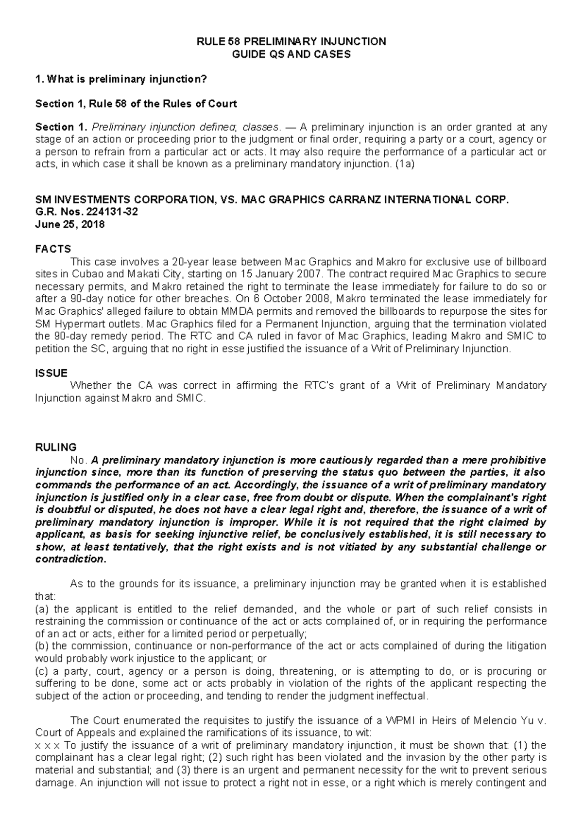 RULE 58 Preliminary Injunction - RULE 58 PRELIMINARY INJUNCTION GUIDE ...