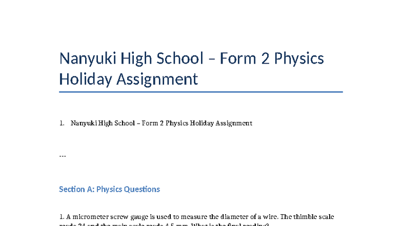 Nanyuki High School Form 2 Physics Holiday Assignment 1 - Studocu