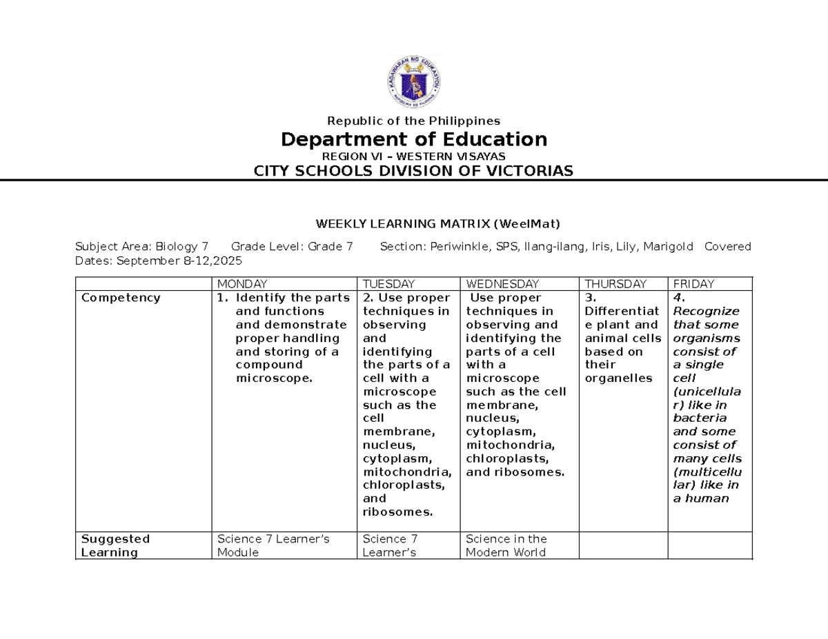 Biology 7 Weekly Learning Matrix: September 8-12 Lesson Plan - Studocu