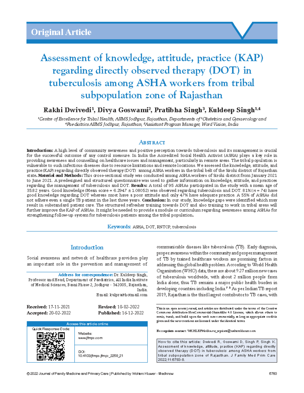 KAP Study on DOT for Tuberculosis Among ASHA Workers in Rajasthan - Studocu