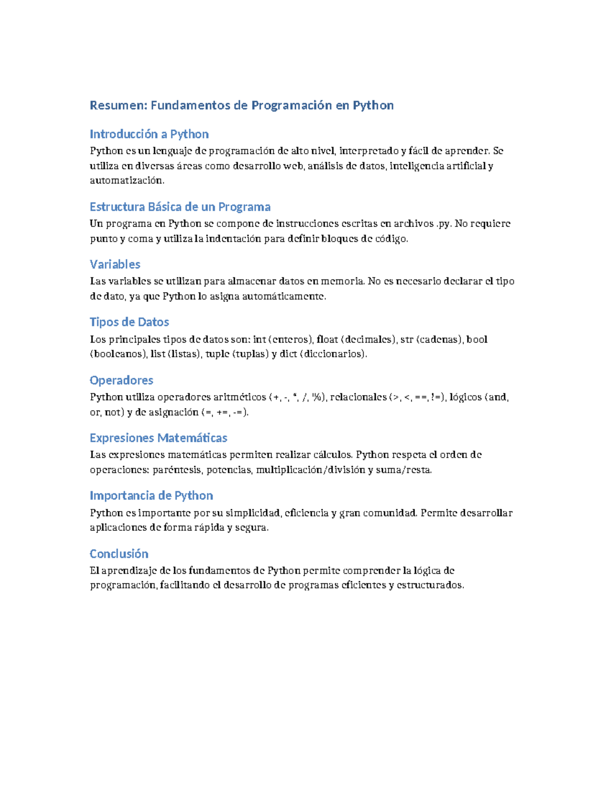 Resumen: Fundamentos de Programación en Python (PY101) - Studocu