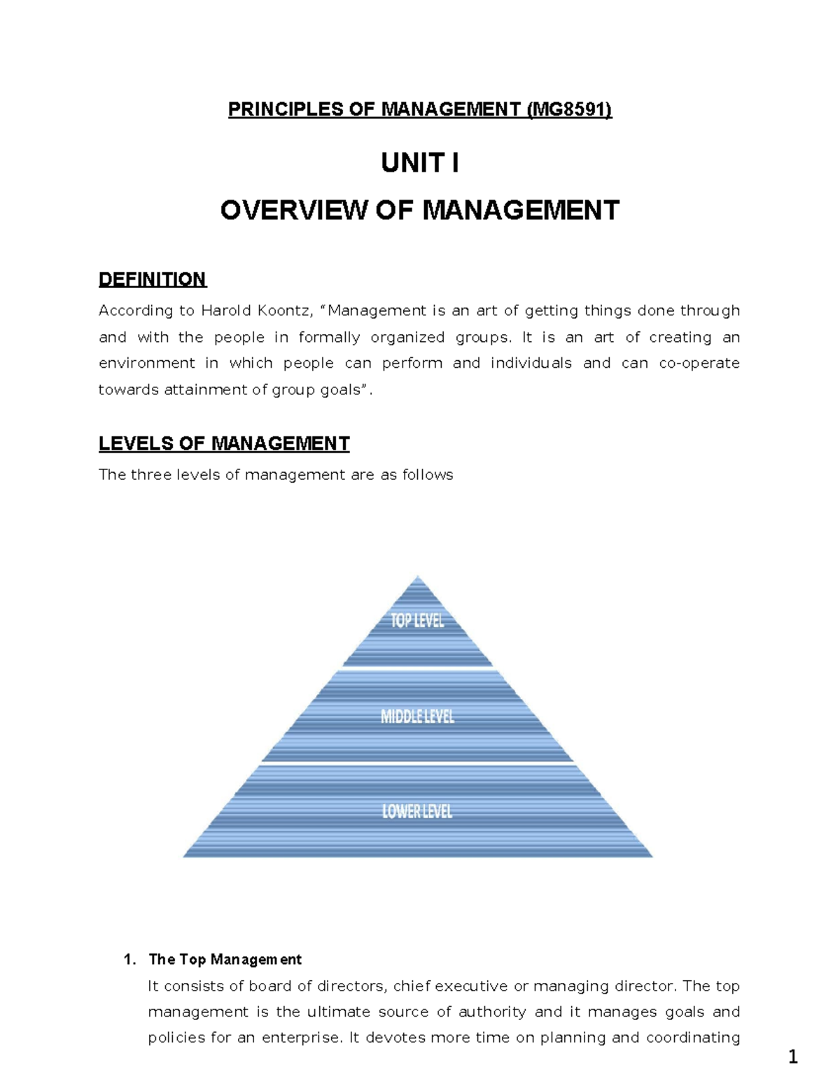 MG8591 - Principles of Management: Unit I Overview and Functions - Studocu