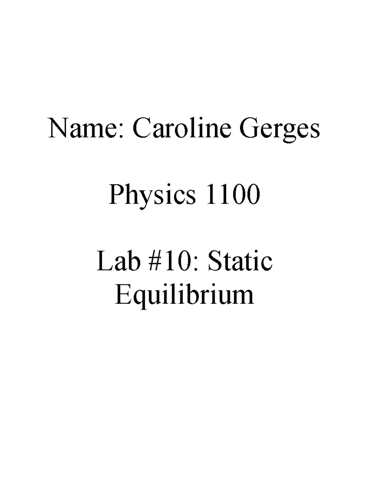Physics 1100 Lab #10: Static Equilibrium Concepts and Calculations ...