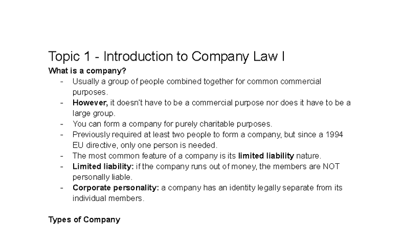 Company Law I: Introduction to Corporate Structure and Duties - Studocu