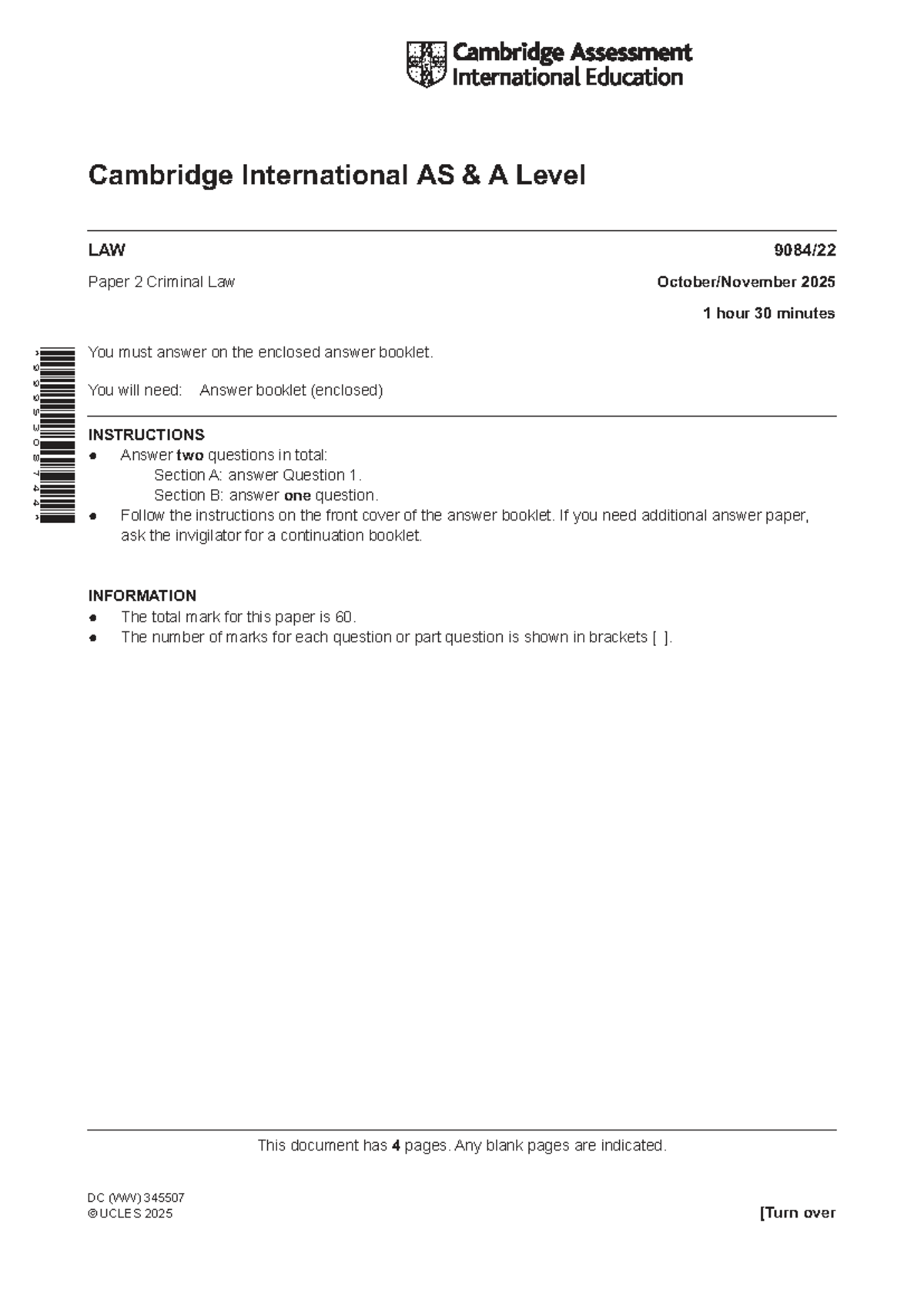 Cambridge International AS A Level LAW 9084/22 Paper 2 Criminal Law ...