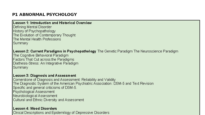 P1 ABNORMAL PSYCHOLOGY Lesson Overview and Key Concepts - Studocu