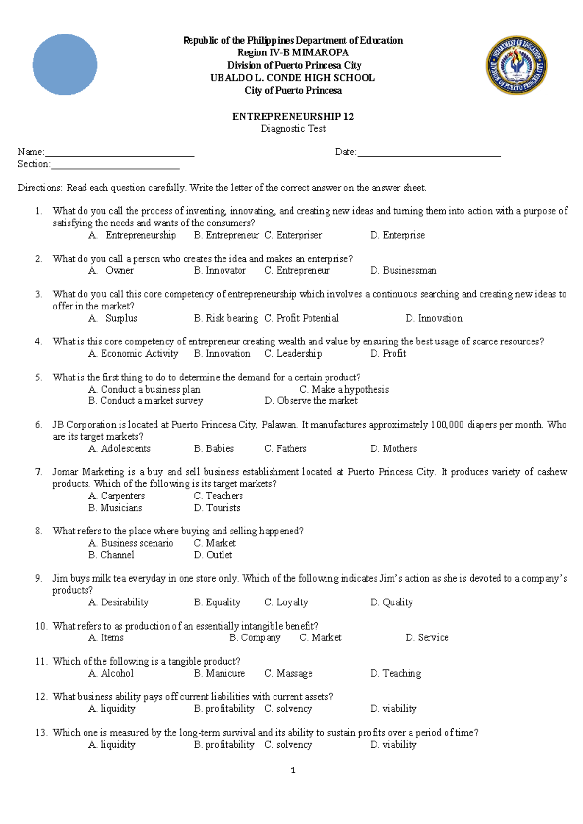 ENTREP 12 Diagnostic Test: Key Concepts in Entrepreneurship - Studocu