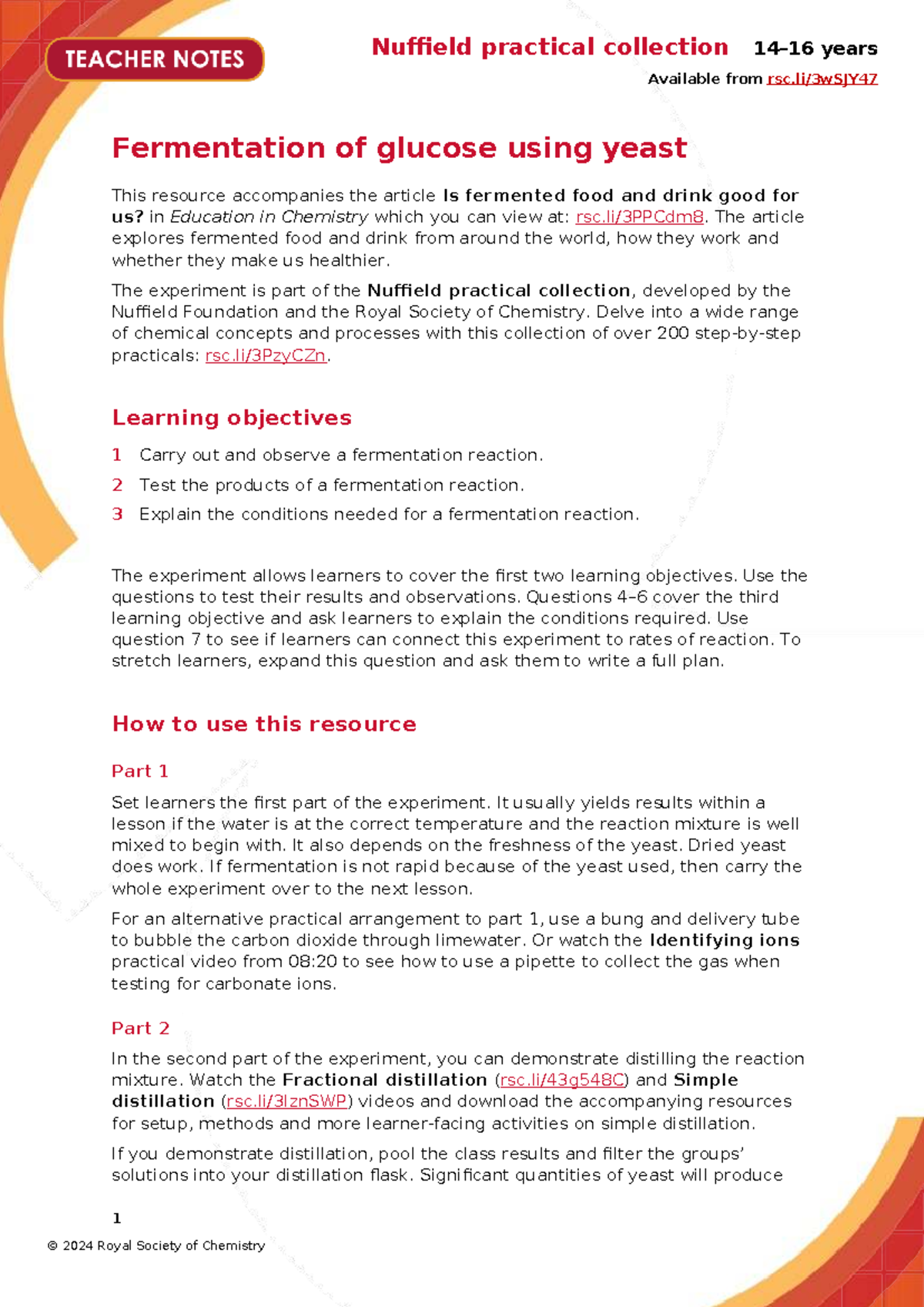 RSC Practical: Fermentation of Glucose Using Yeast - Teacher Notes ...