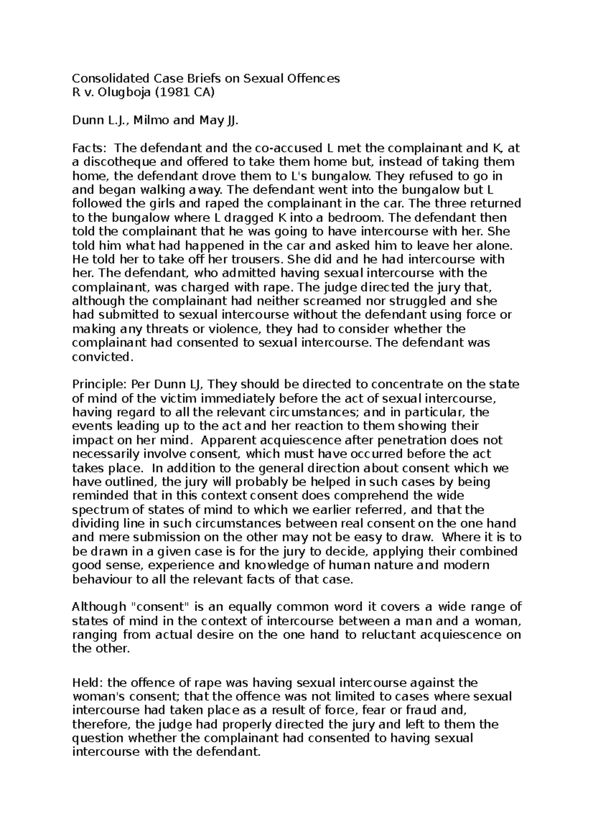 Consolidated Case Briefs on Sexual Offences: Key Legal Principles - Studocu