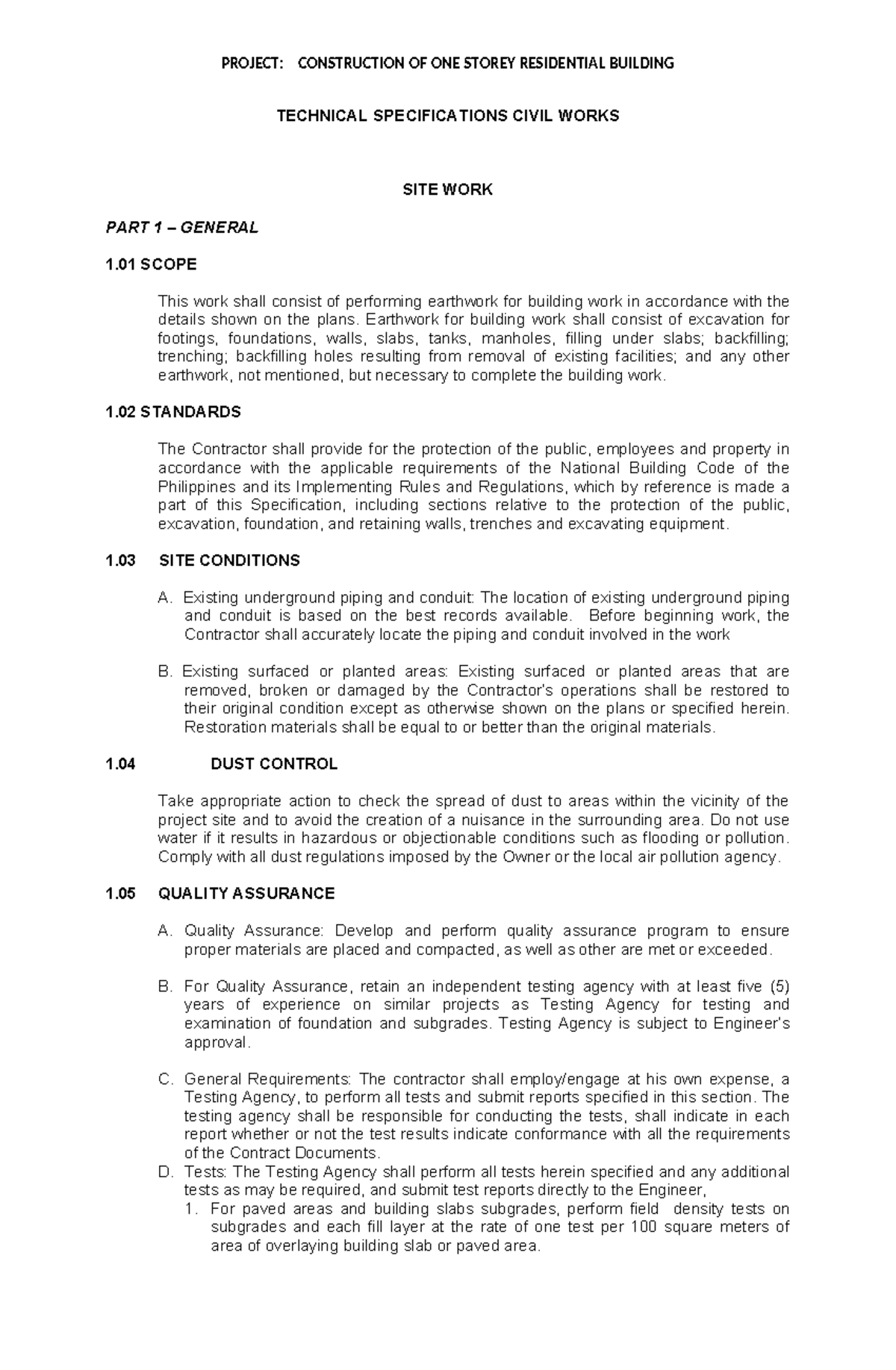 PROJECT: CIVIL TECHNICAL SPECIFICATIONS FOR ONE STOREY RESIDENTIAL ...