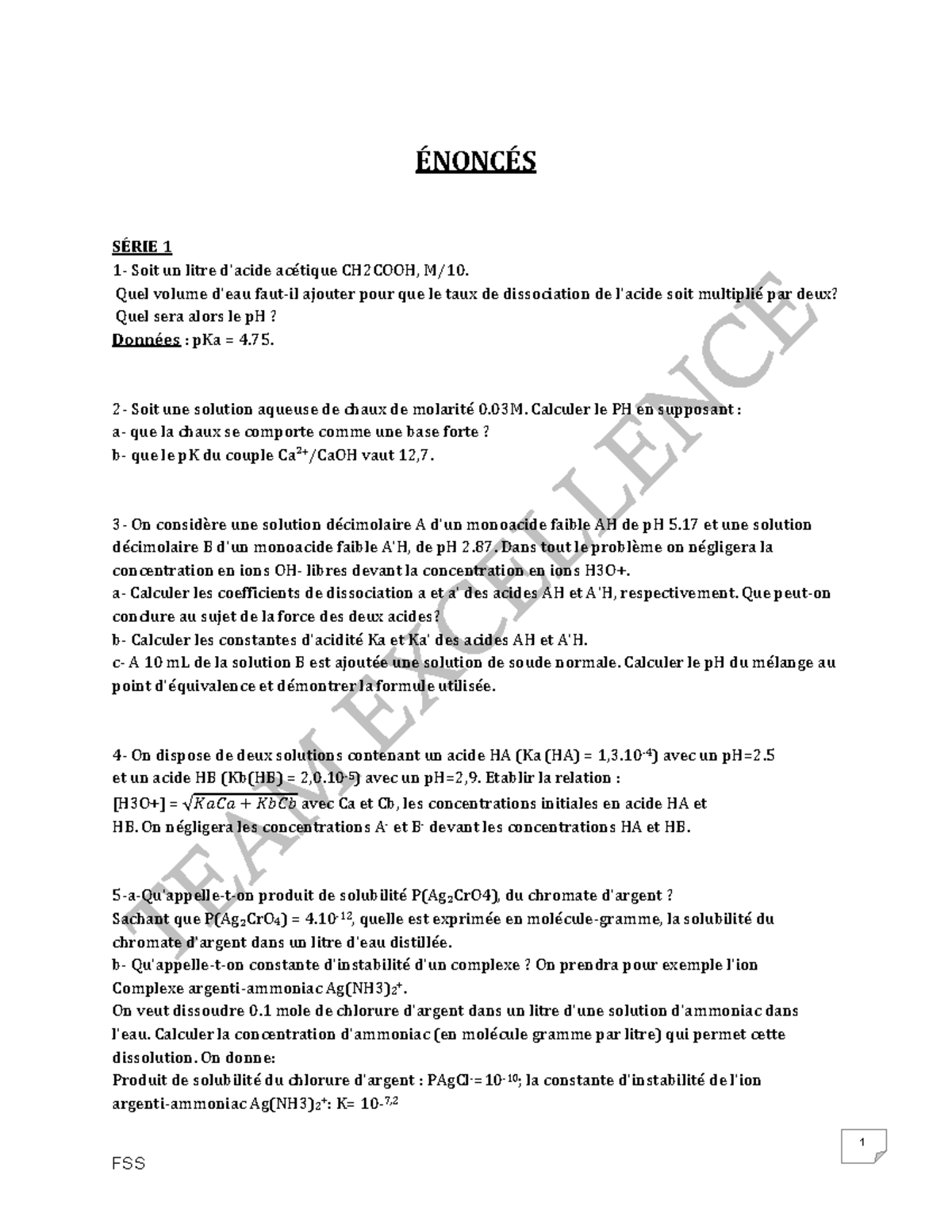 TD mixte de chimie en solution - 1 ÉNONCÉS SÉRIE 1 1- Soit un litre d ...