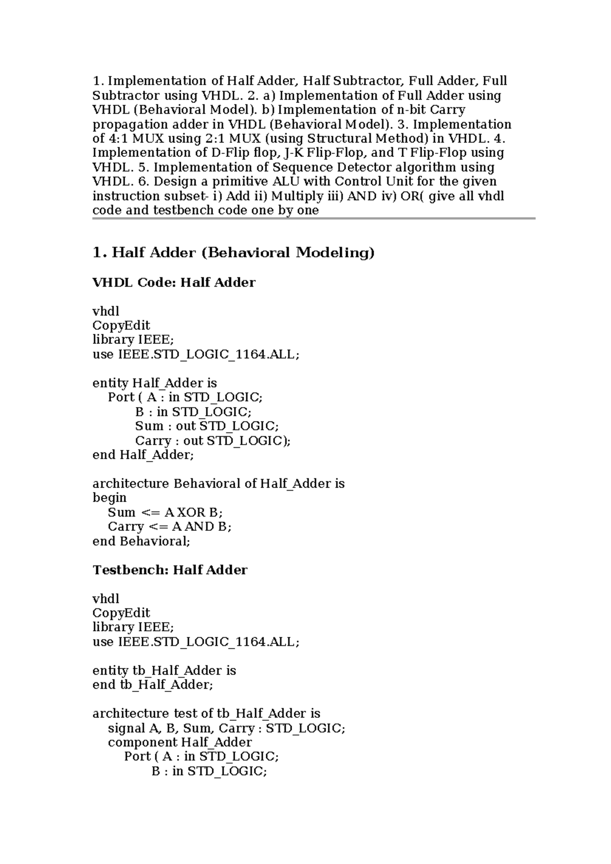 VHDL implementation of adders, multiplexers, and ALU (1111) - Studocu