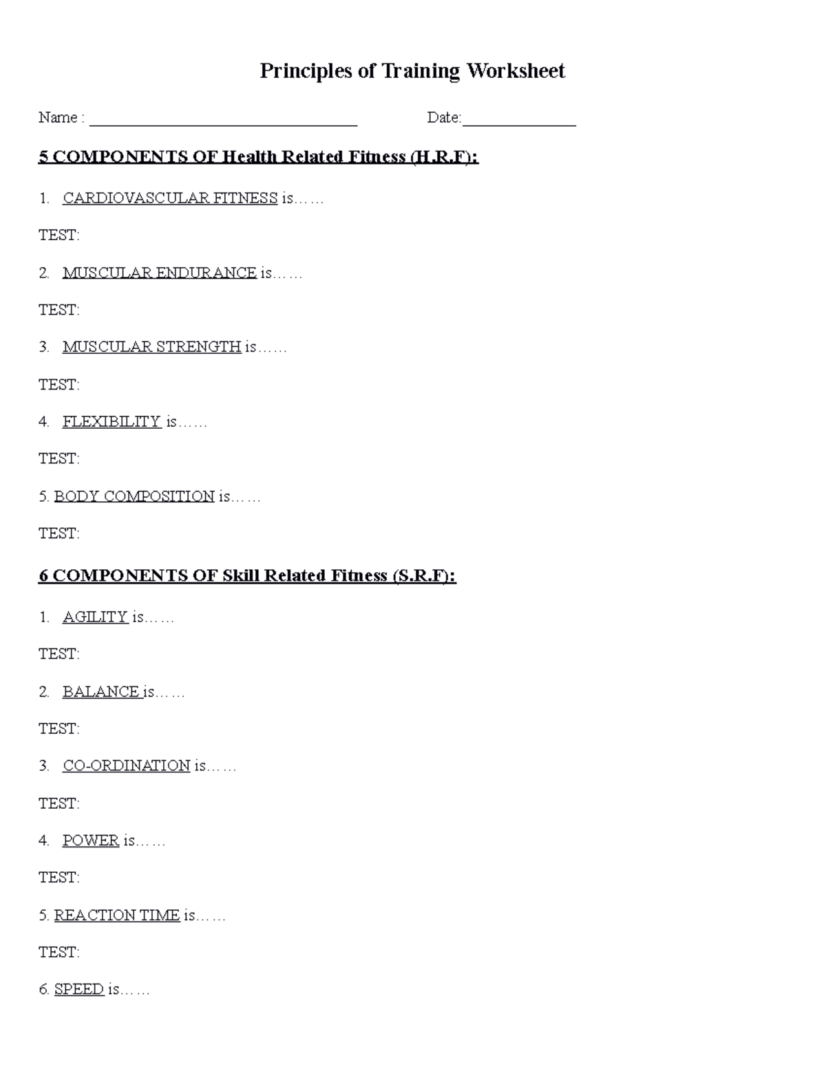Fitt principle worksheet - Principles of Training Worksheet Name