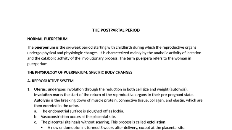 THE POSTPARTAL PERIOD: UNDERSTANDING NORMAL PUERPERIUM - Studocu