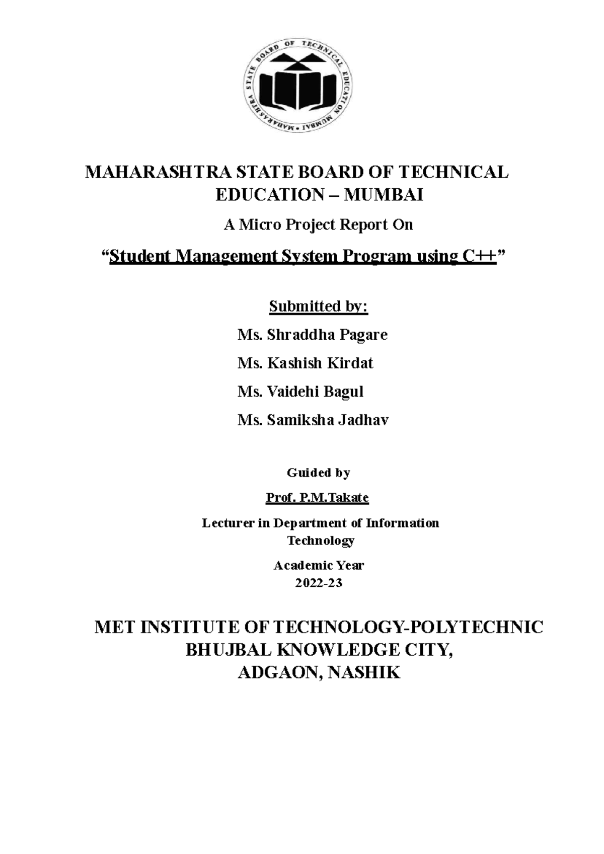OOP 22316 Final Microproject: Student Management System in C++ - Studocu