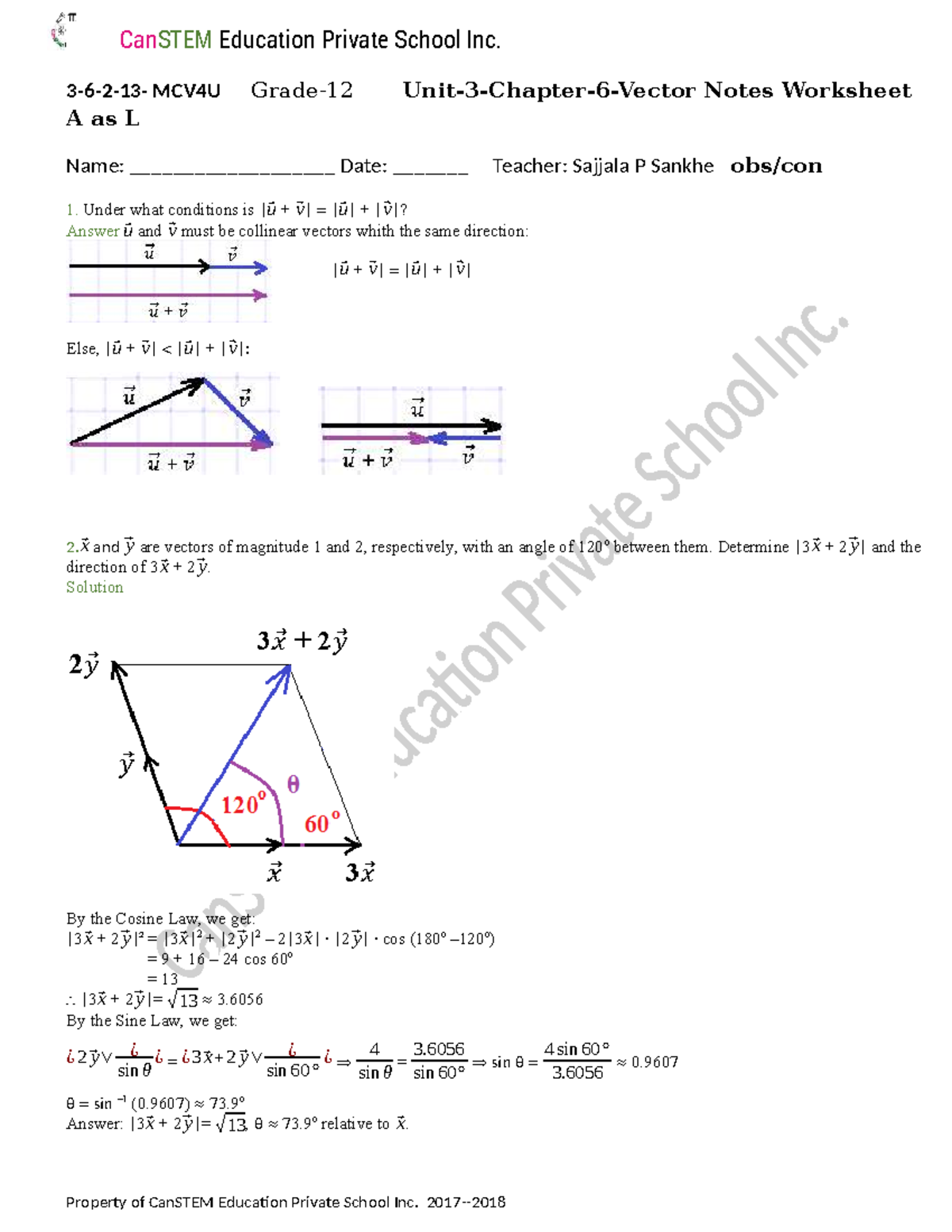 MCV4U Vector Notes: Solved Questions for CanSTEM Education - Studocu