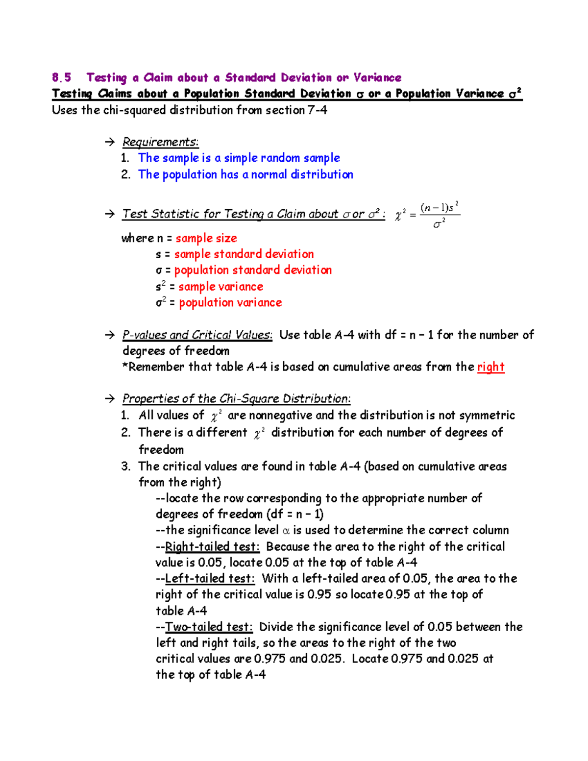 8.5 notes - Standard deviation - 8 Testing a Claim about a Standard ...