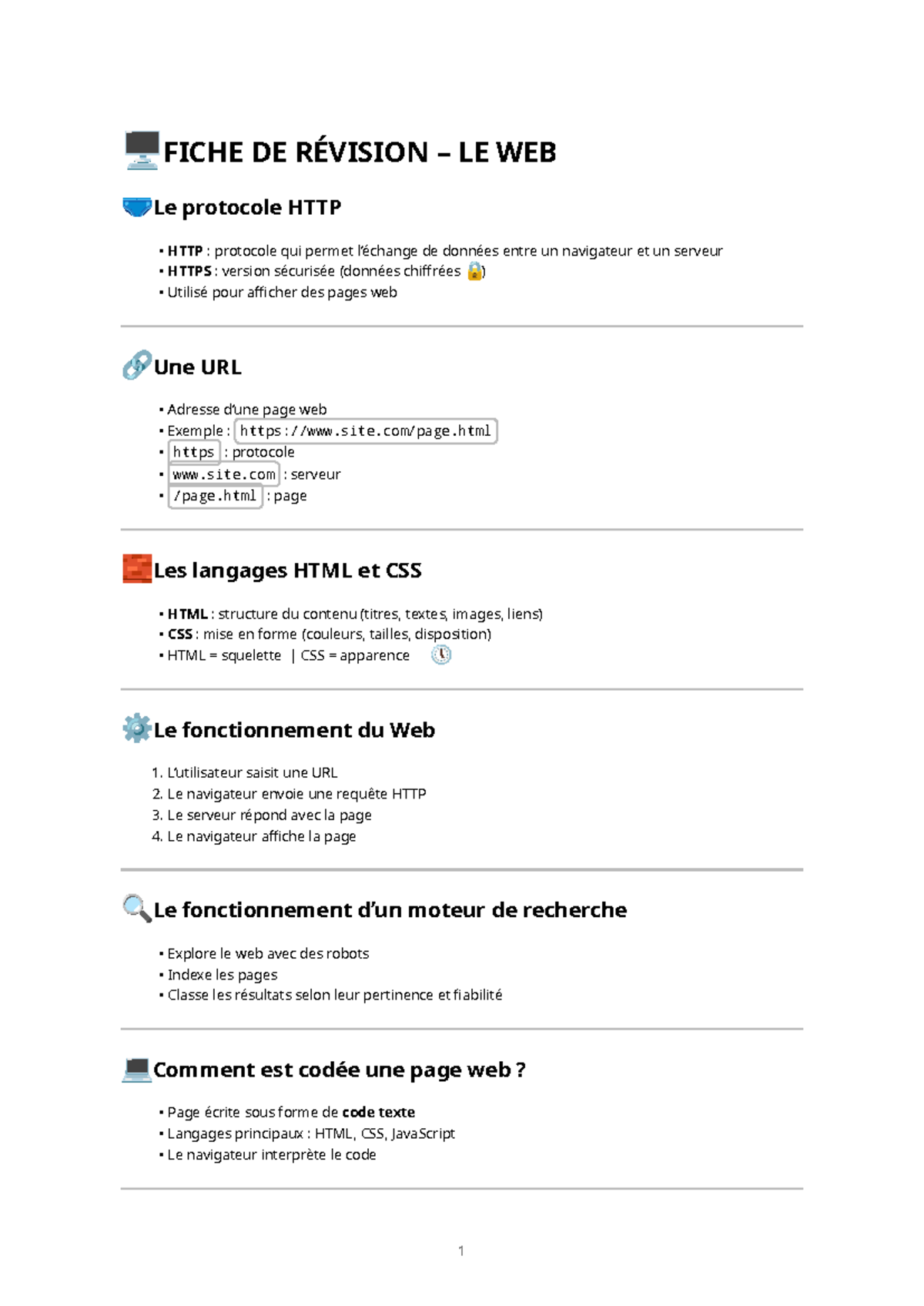 FICHE DE RÉVISION – LE WEB : Protocole HTTP et Langages HTML/CSS - Studocu