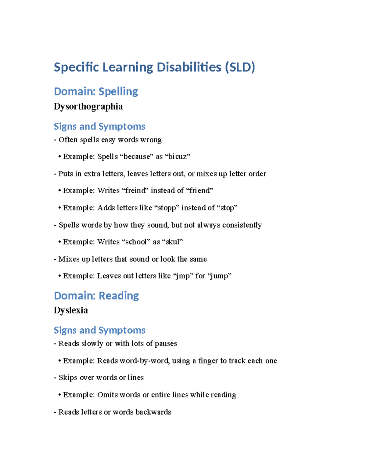 SLD and ID: Signs, Symptoms, and Examples of Learning Challenges - Studocu