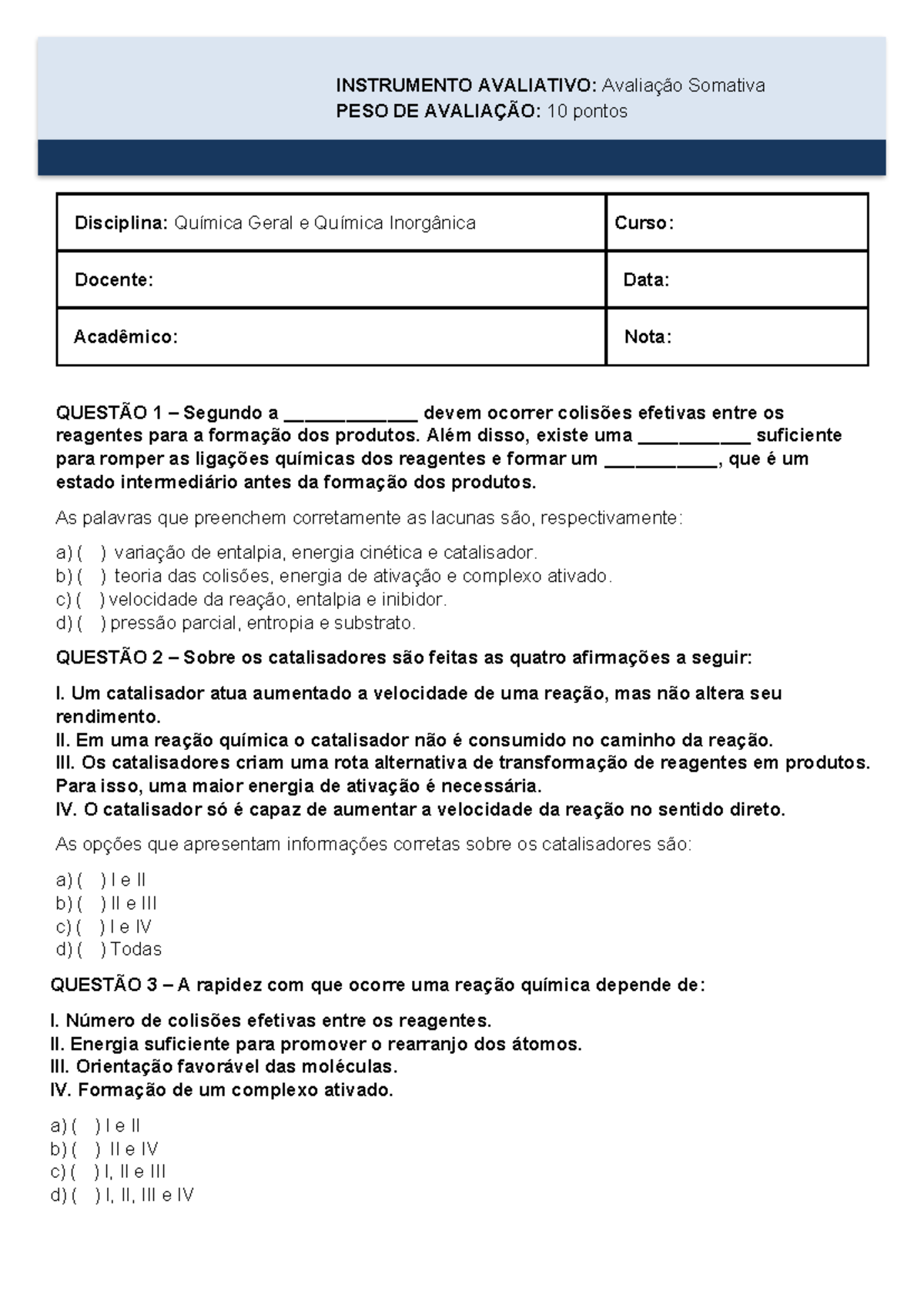 Avaliação de Cinética Química - Química Geral e Química Inorgânica ...