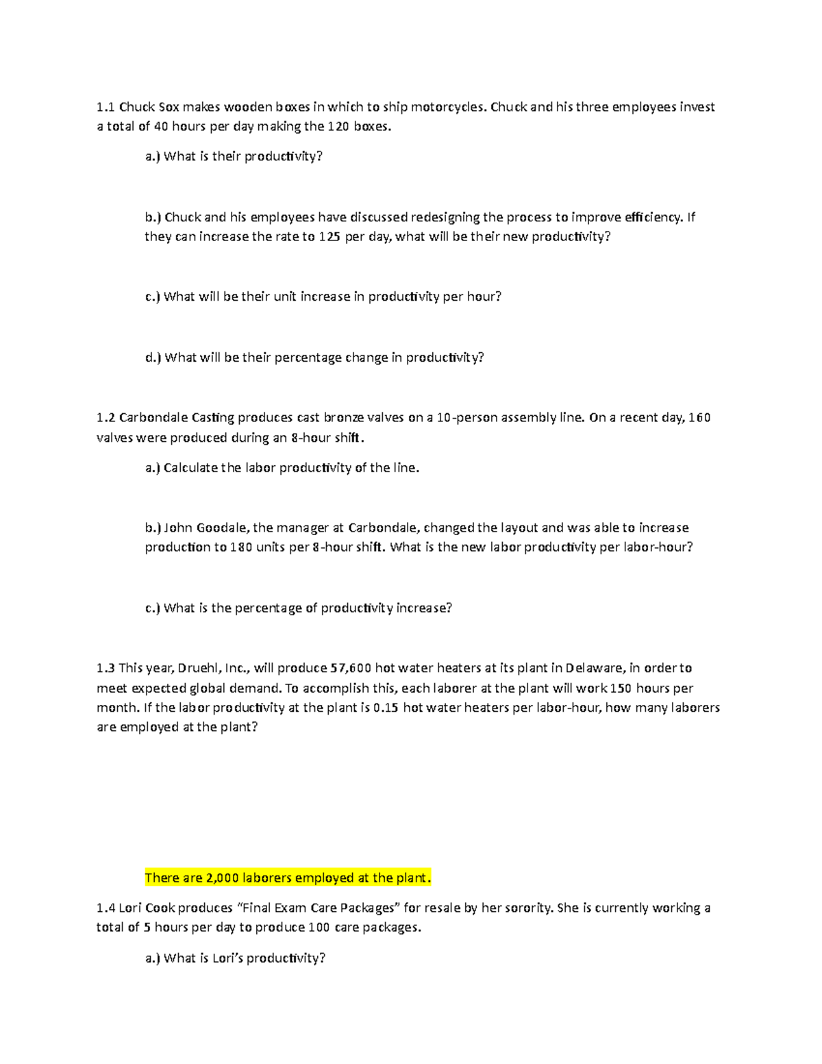 Quiz-1: Operations Management Productivity Calculations and Insights ...