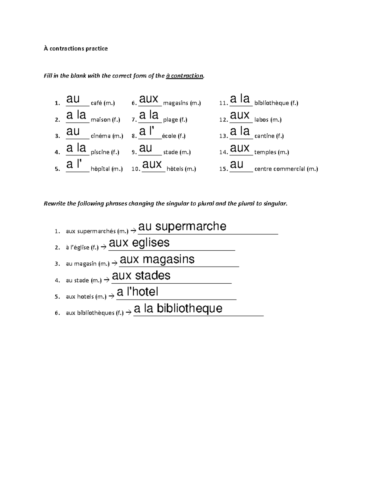 À contractions practice exercises for French language learners - Studocu