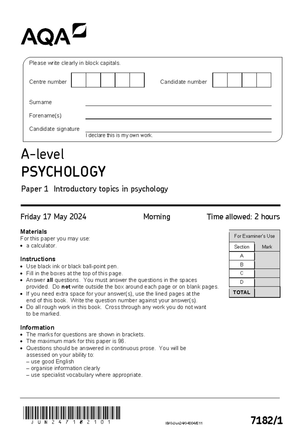 AQA A-Level Psychology Paper 1 (2024) - Exam Questions & Tips - Studocu