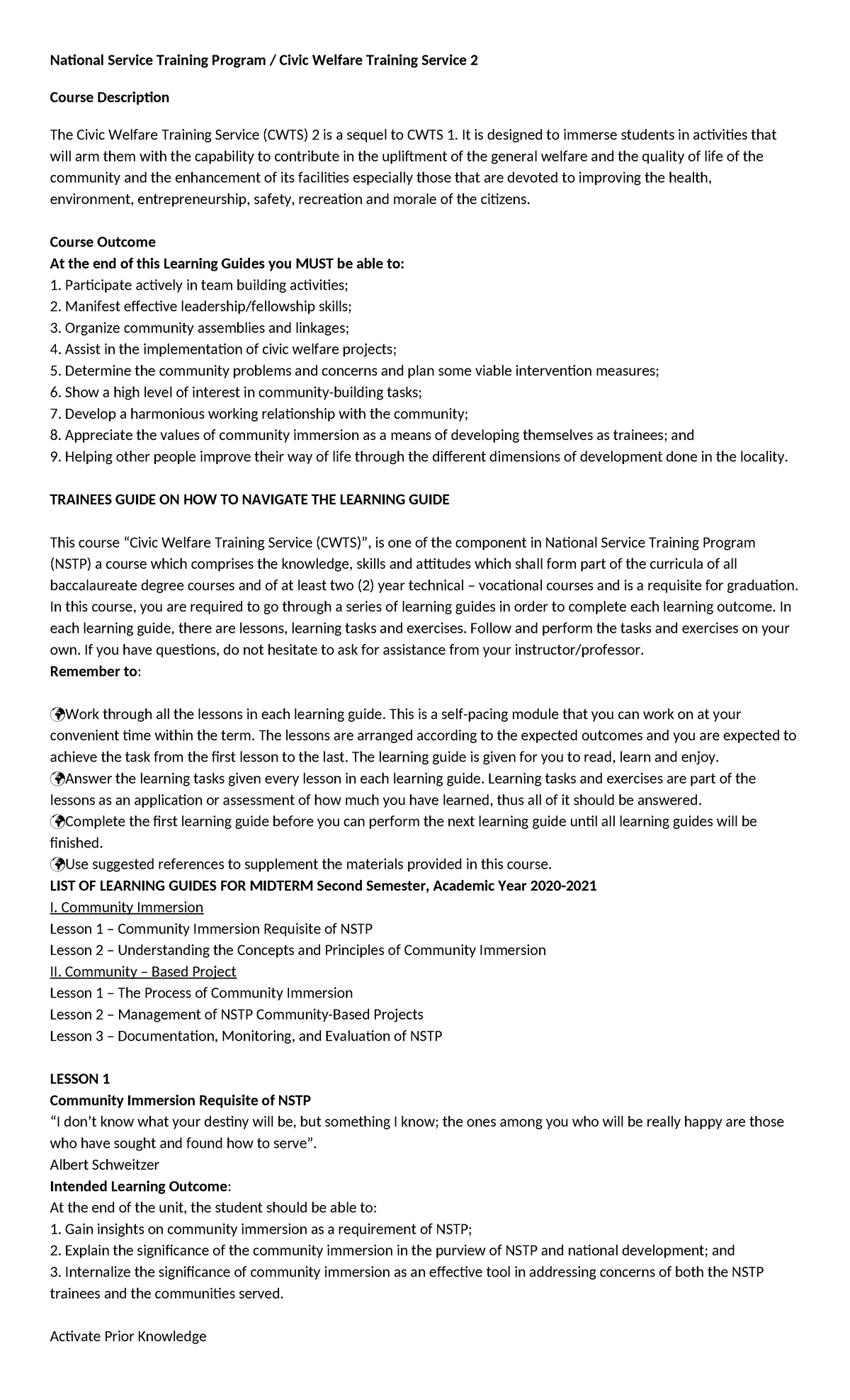 NSTP CWTS 2 Module 2 - Community Immersion Lecture Notes - Studocu