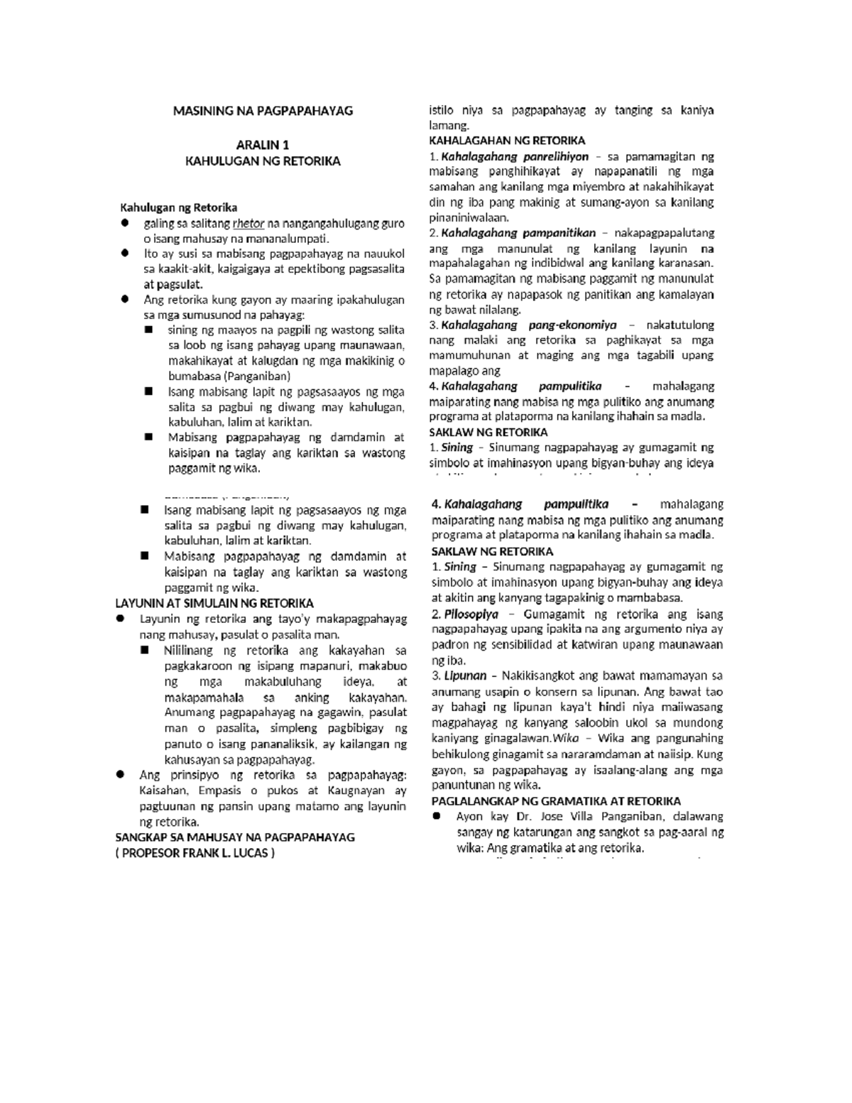 MASINING NA PAGPAPAHAYAG: Aralin 1-4 na Tala sa Retorika - Studocu
