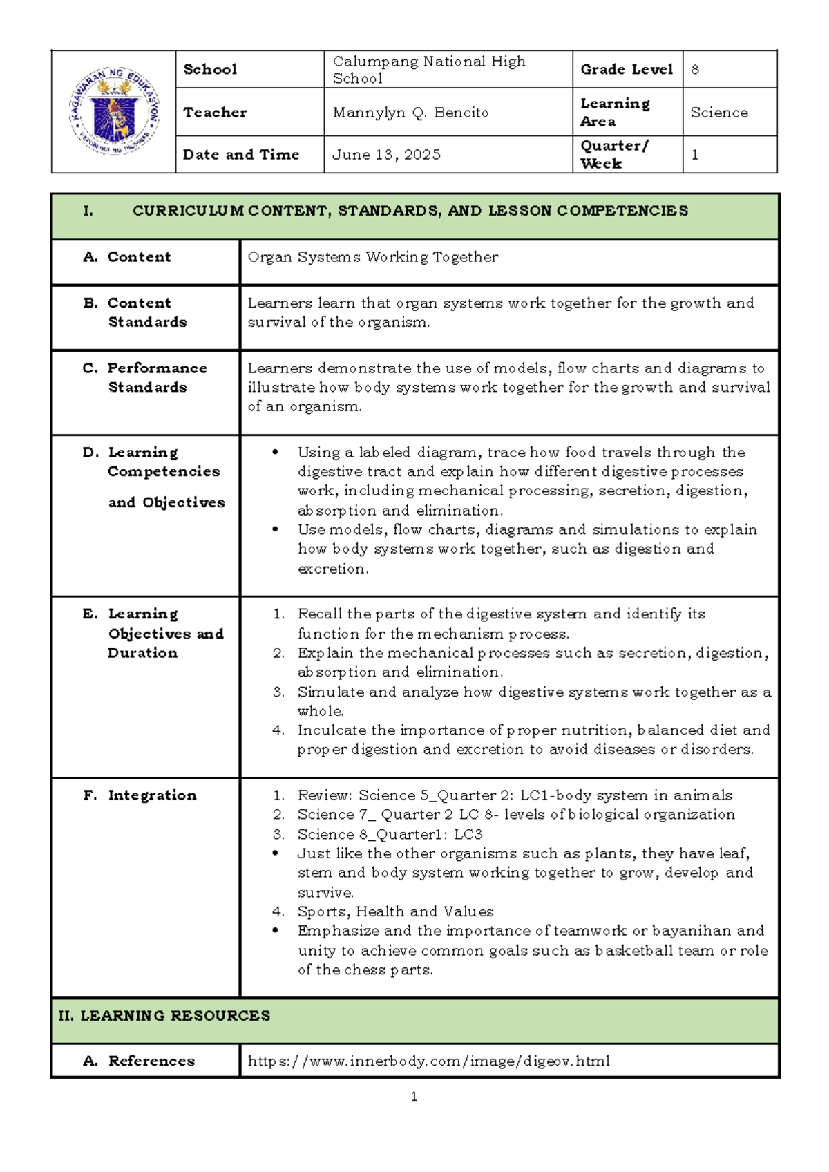 Q1 Sci8 Lesson Plan: Understanding the Digestive System Functions - Studocu