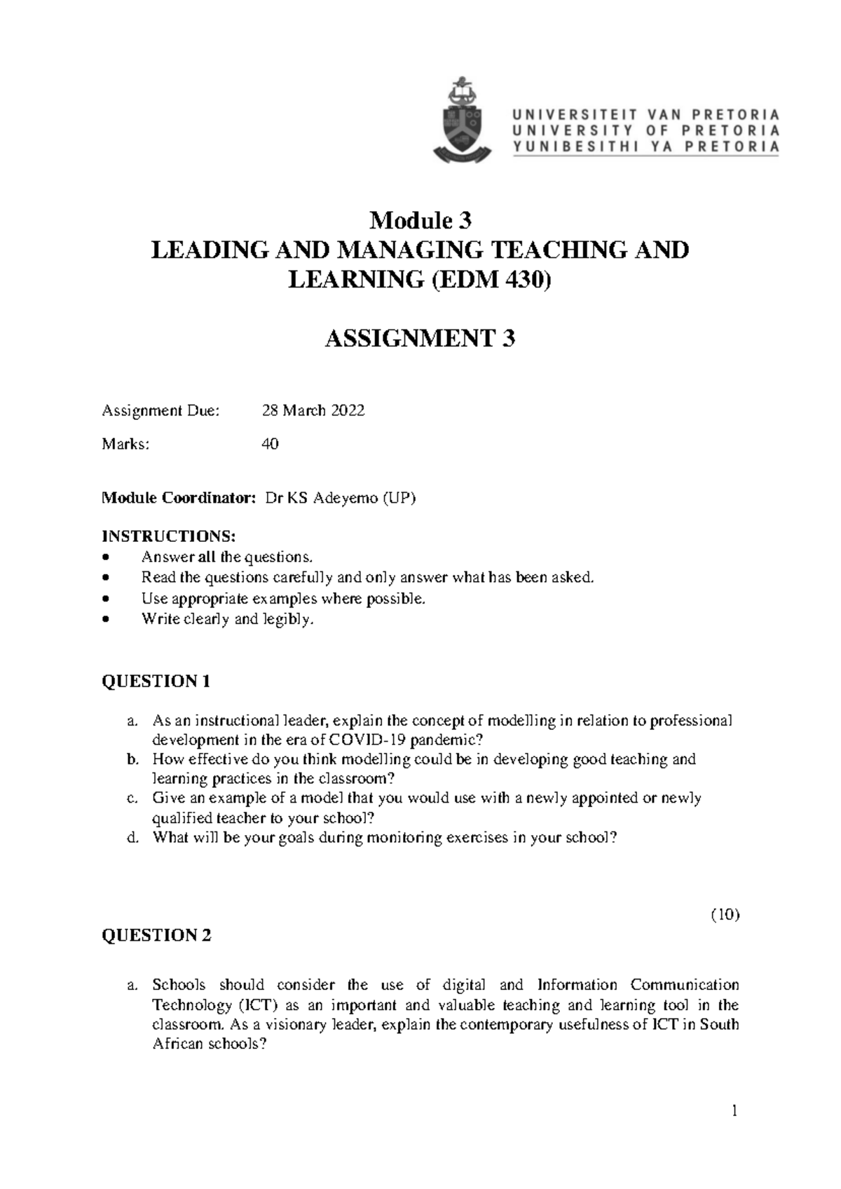 EDM 430 Assignment 3: Leading & Managing Teaching in COVID Era - Studocu