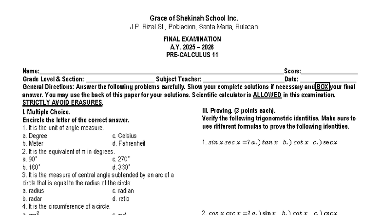 Pre-Calculus 11 Final Exam A.Y. 2025-2026 - Trigonometric Identities ...