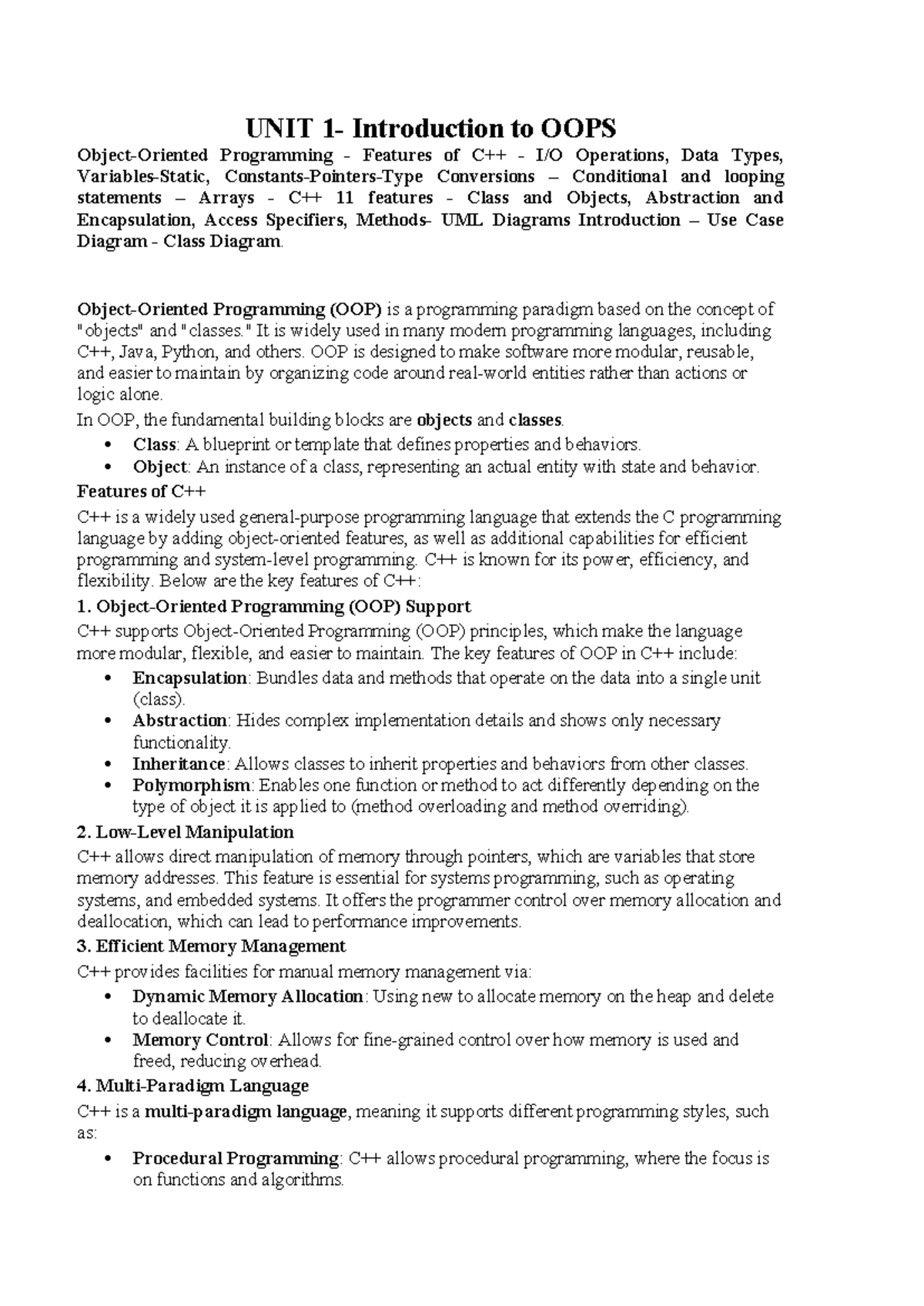 UNIT 1 OODP Notes - UNIT 1- Introduction to OOPS Object-Oriented ...