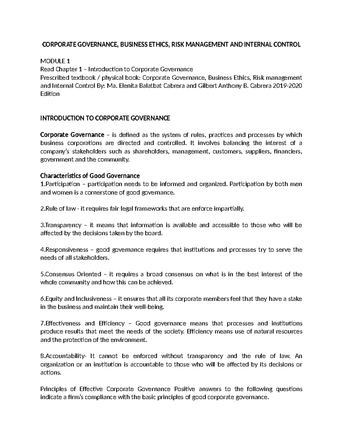 Corporate Governance lesson 1 - CORPORATE GOVERNANCE, BUSINESS ETHICS ...