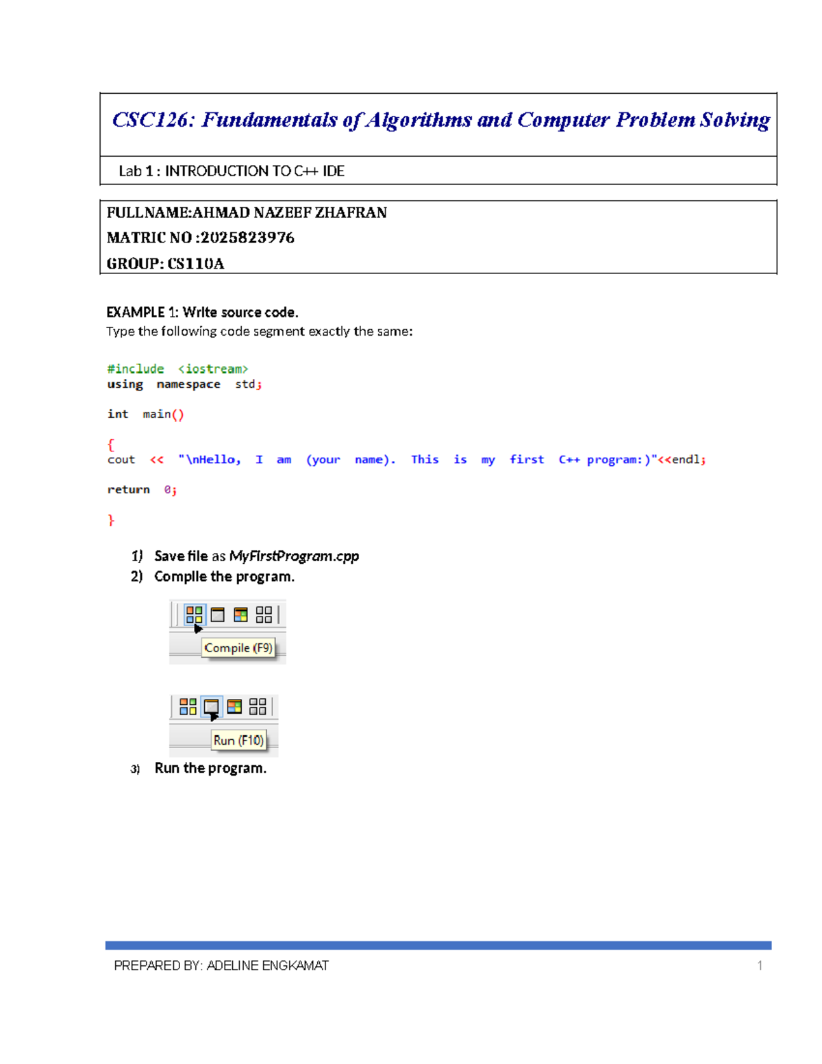 CSC126: Lab 1 - Intro to IDE and Basic C++ Programming - Studocu