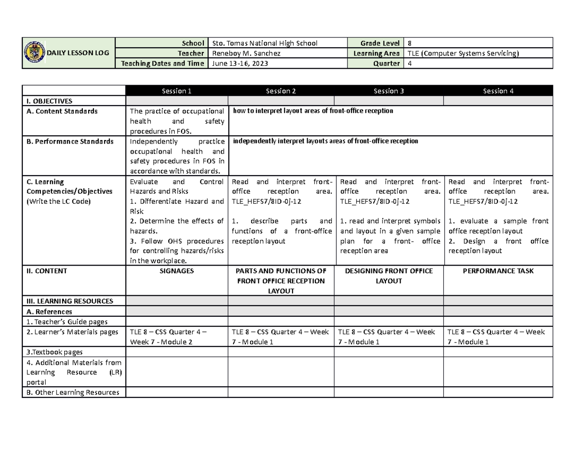 DLL-TLE-8-FOS-Q4-W7: Lesson Log on OHS & Front Office Reception Layout ...