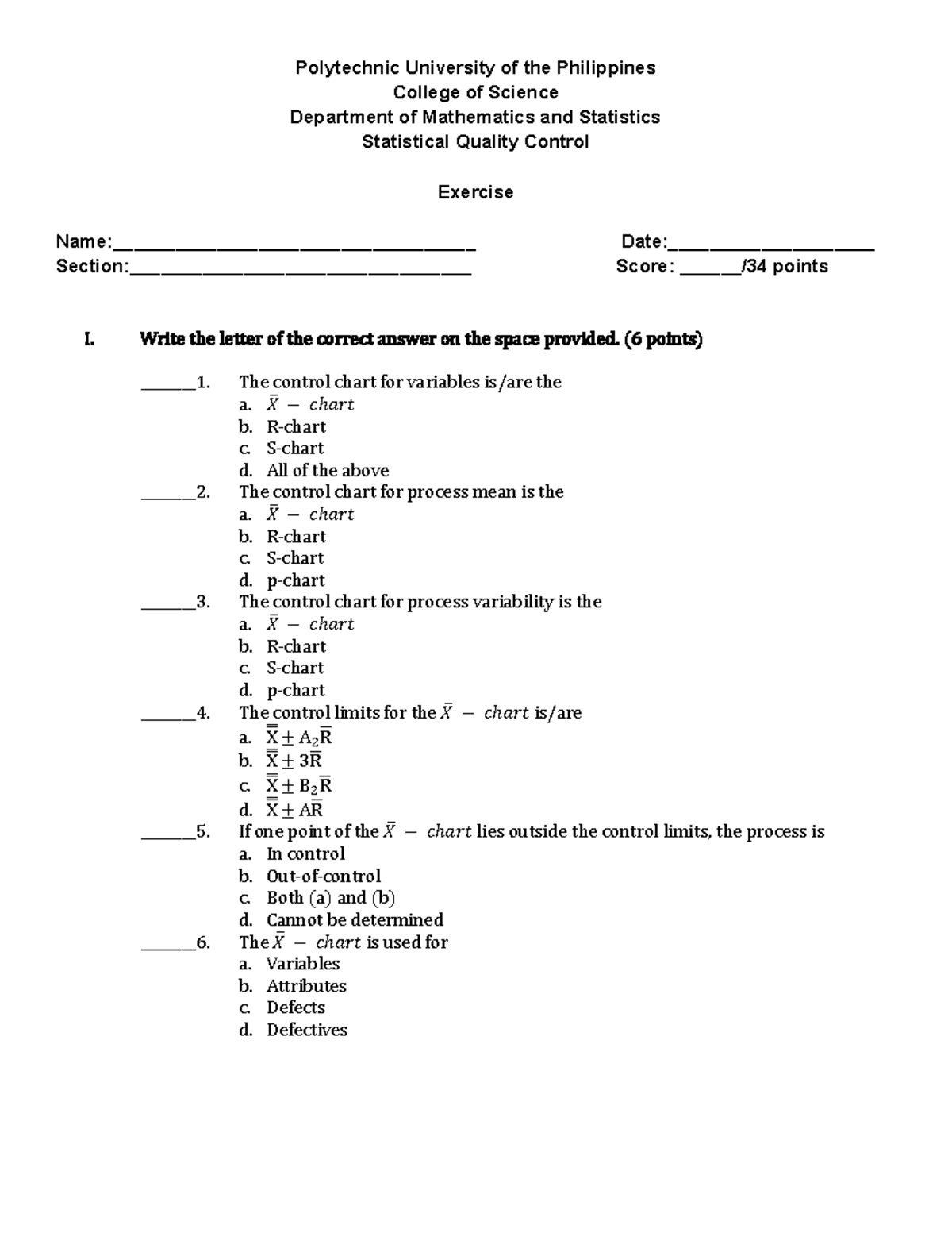 SQC Exercise I: Control Charts and Process Variability Analysis - Studocu