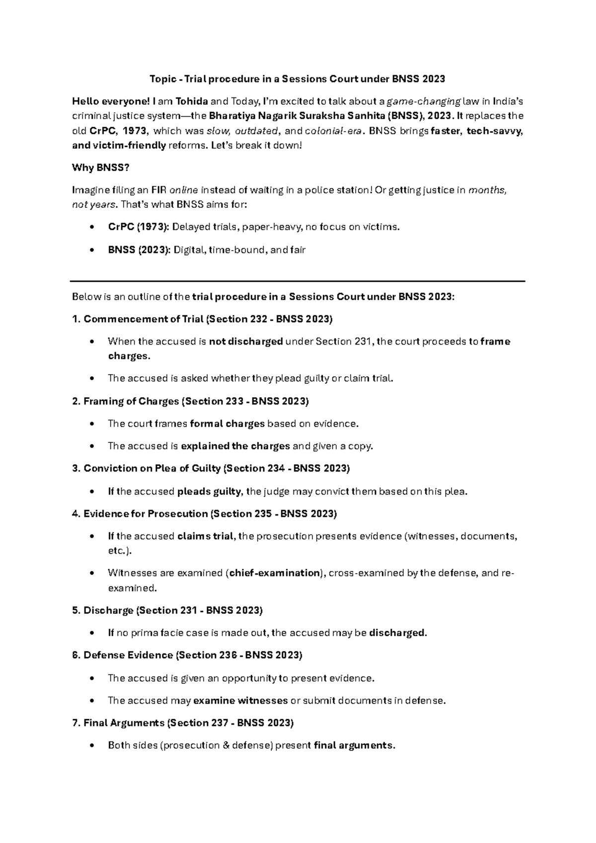 BNSS 2023: Trial Procedure in Sessions Court Explained - Studocu
