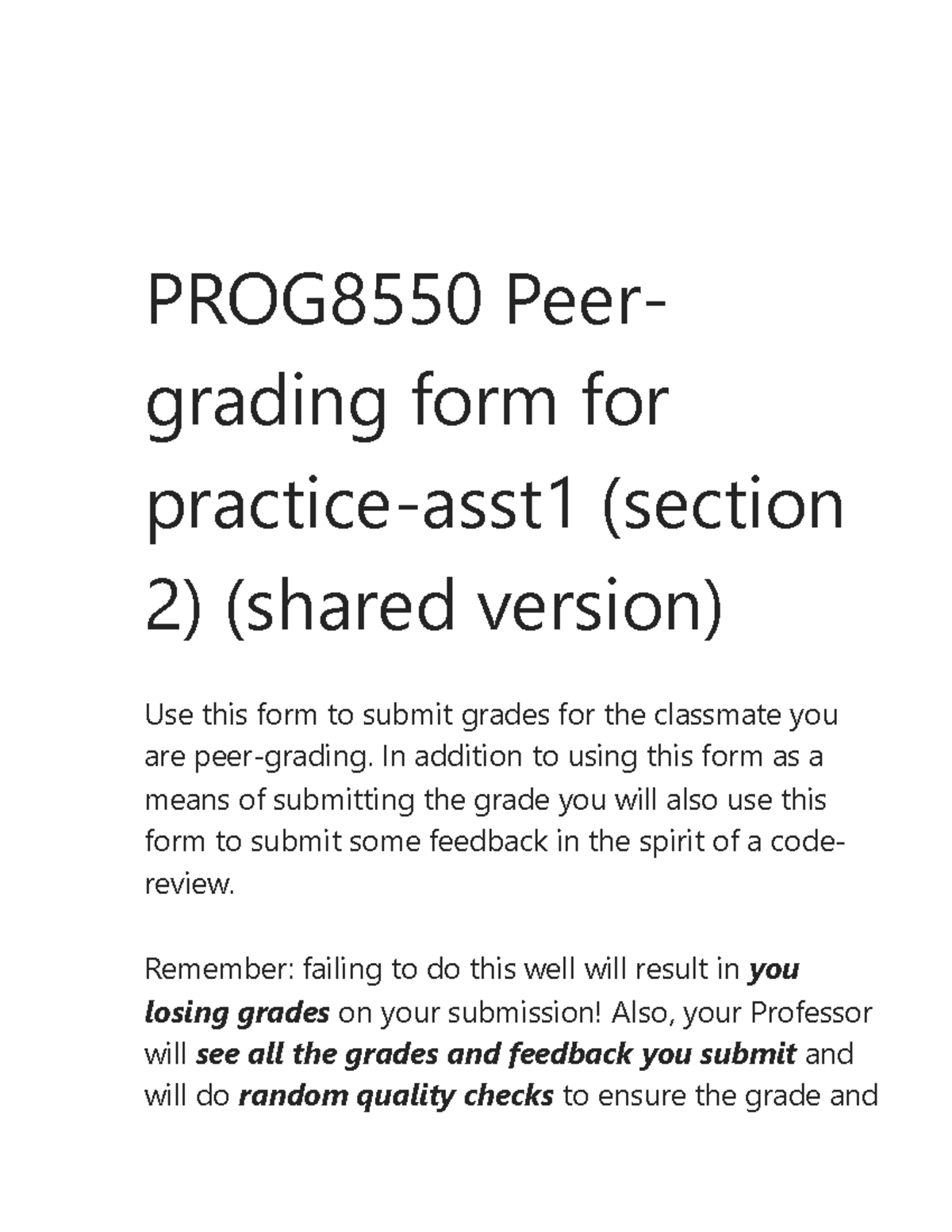 PROG8550 Peer-grading form for practice-asst1 (section 2) - PROG8550 ...
