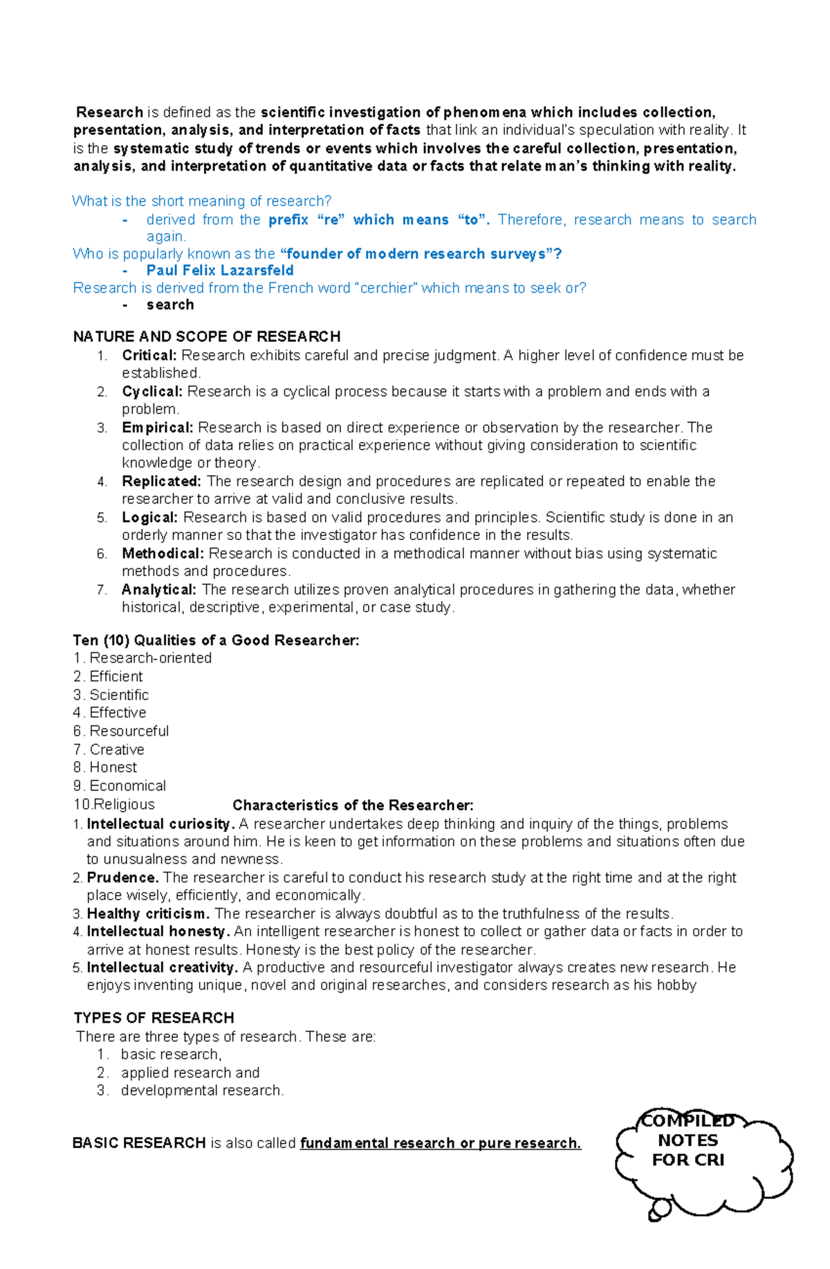 Compiled Study Notes for CRI 191: Understanding Research Fundamentals ...