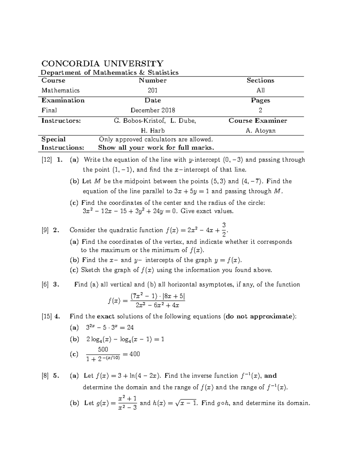 MATH 201 Final Exam Review: Past Papers and Solutions - Studocu
