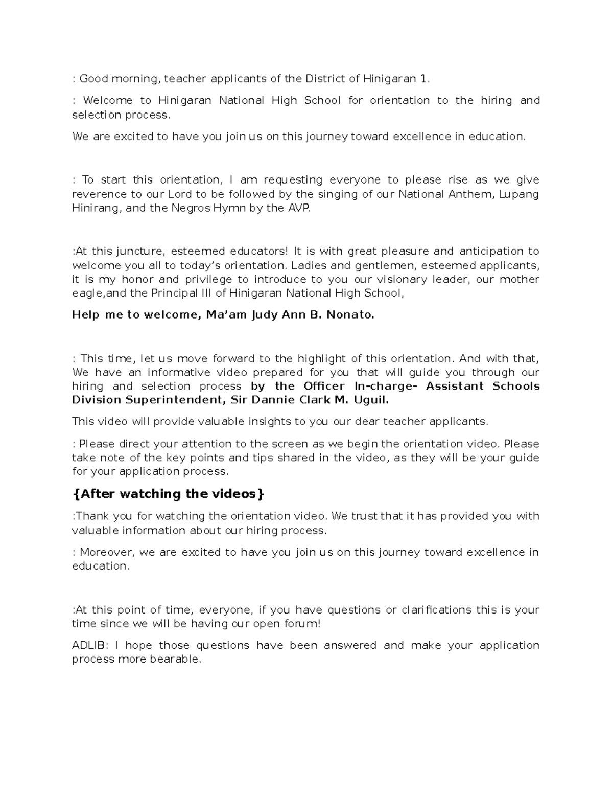 Orientation Script for Teacher Applicants at Hinigaran National High ...