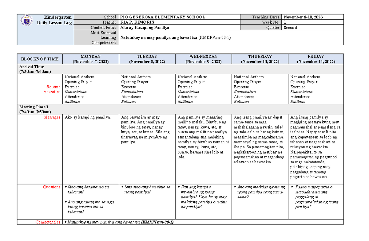 Kindergarten-DLL-MELC-Q2-Week 1 - Kindergarten Daily Lesson Log School ...