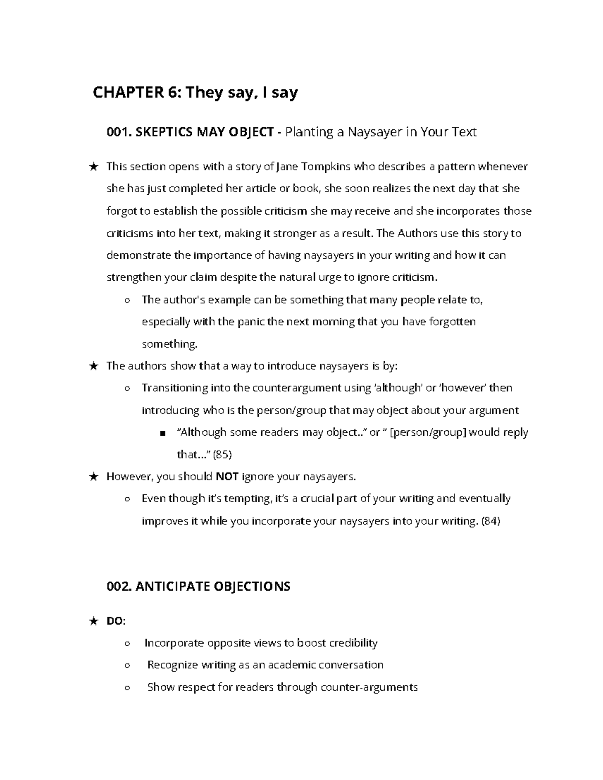 Ch 6: They Say, I Say - Integrating Naysayers in Writing - Studocu