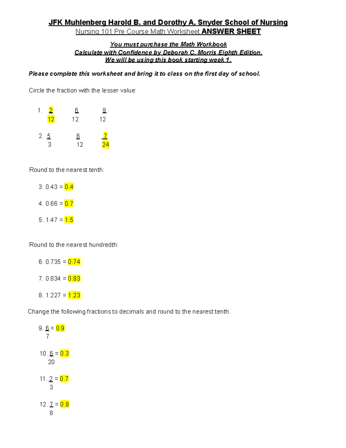 Nursing 101 Math Worksheet Answer Key - Spring 2025 - Studocu