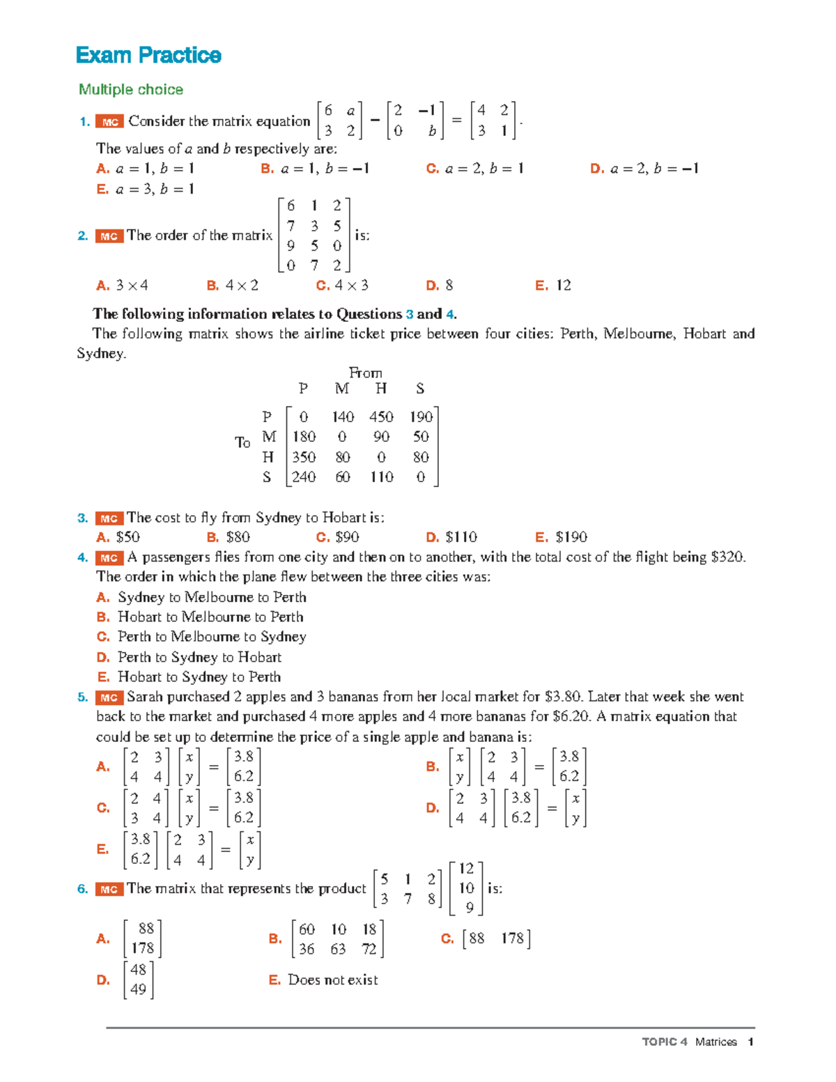 VCE 11 General - Matrices Exam Practice Guide - Studocu