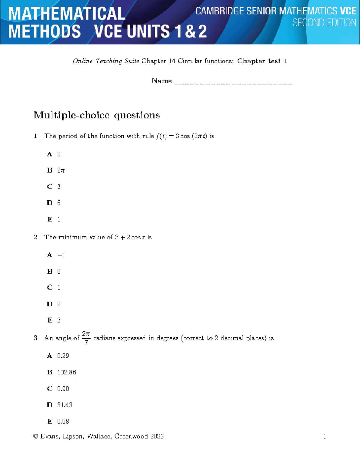 11MAM Chapter 14 Circular Functions: Test 1 Questions and Solutions ...