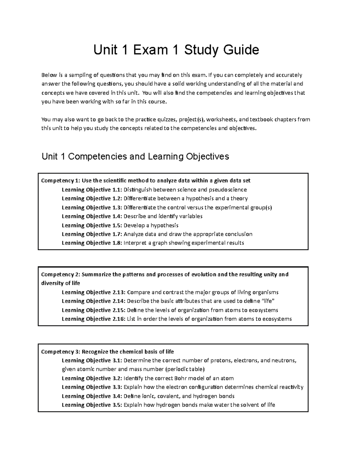 Unit 1 Exam 1 Study Guide - Unit 1 Exam 1 Study Guide Below is a ...