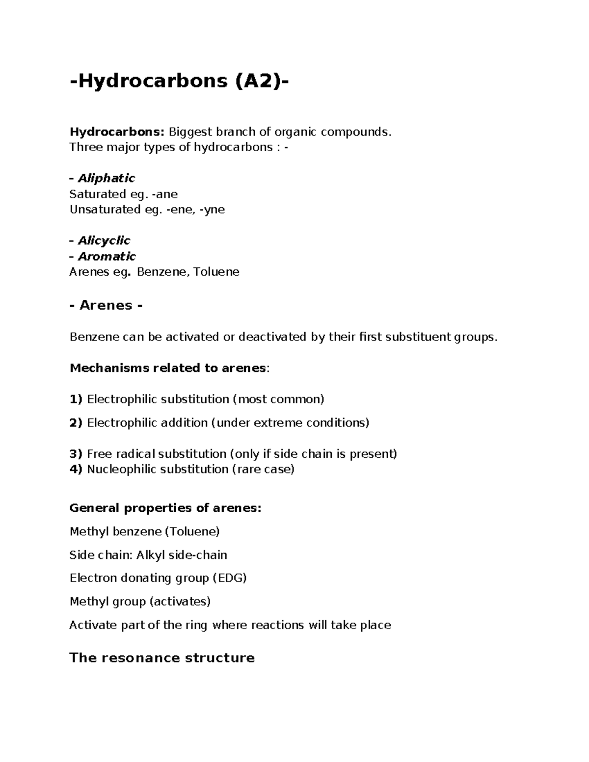 Hydrocarbons (A2): Types, Mechanisms, and Reactivity of Arenes - Studocu